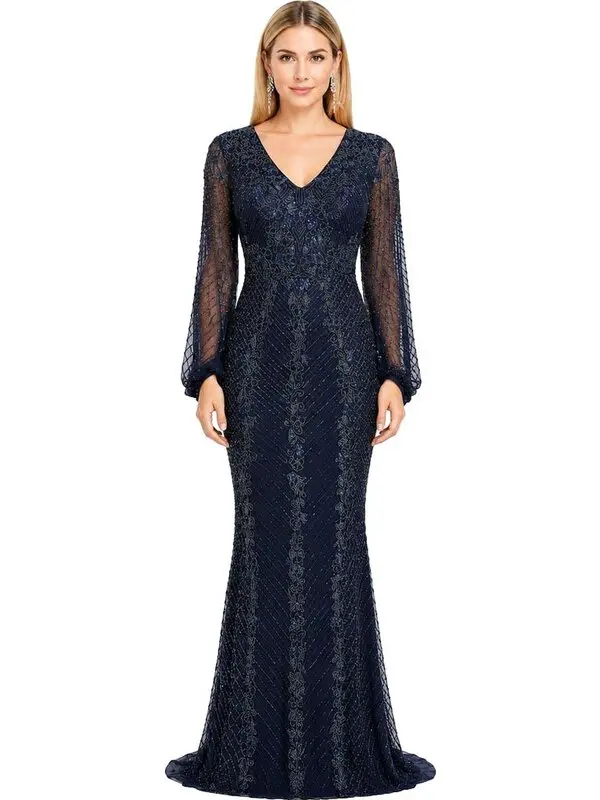 LARA NEW YORK Beaded Faux-wrap V-neck Bridal Gown - Navy