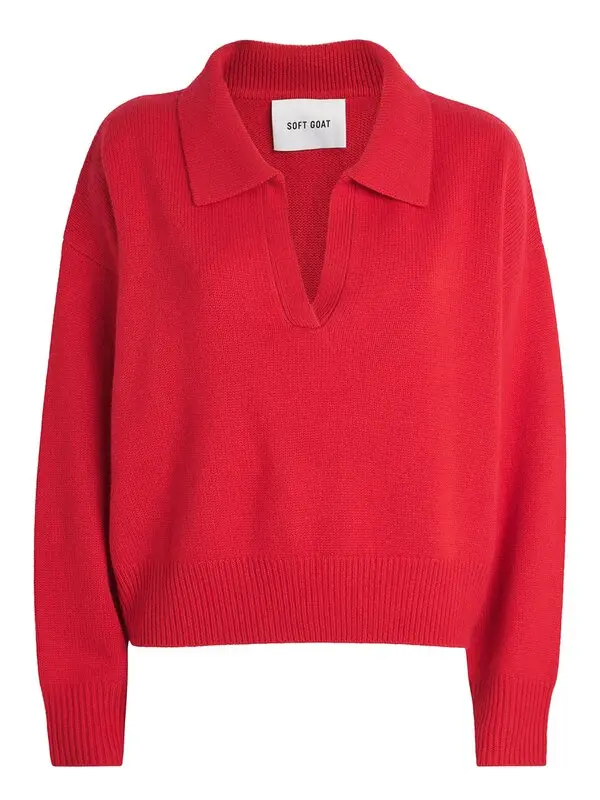 Soft Goat Cashmere Polo Sweater - Red
