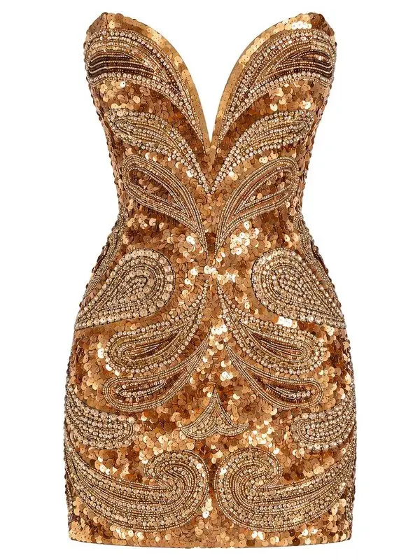 Retrofete Circe Embroidered Dress In Metallic Gold - Hazelnut