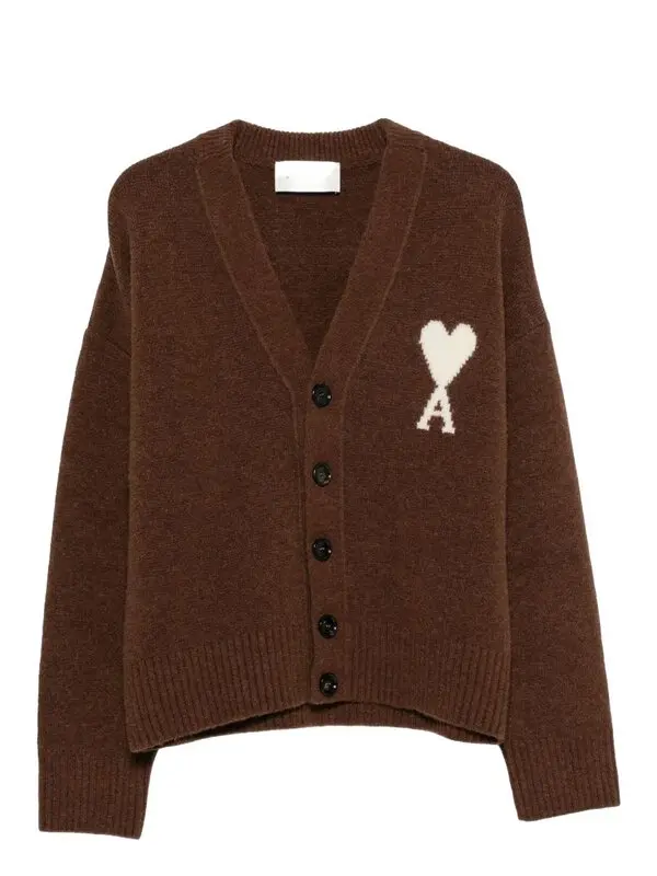 AMI Paris De Coeur Wool Cardigan - Brown