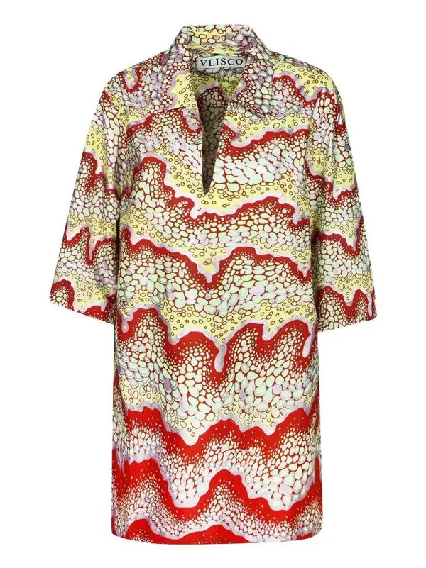 VLISCO DIALOGUES Bubble Geometric-pattern Wide-collar Blouse - Red