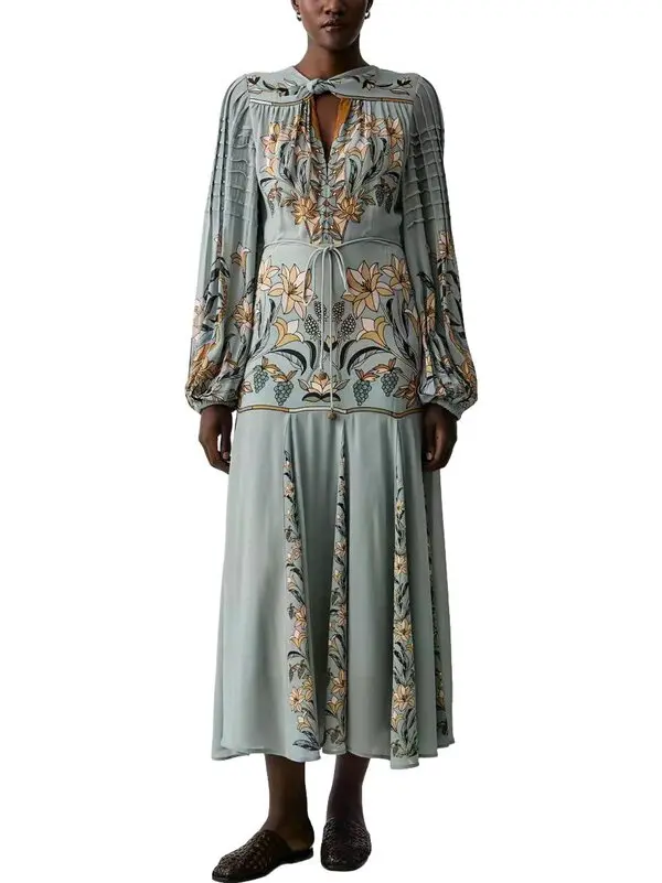Farm Rio Floral-print Pleated-sleeve Midi Dress - Blue