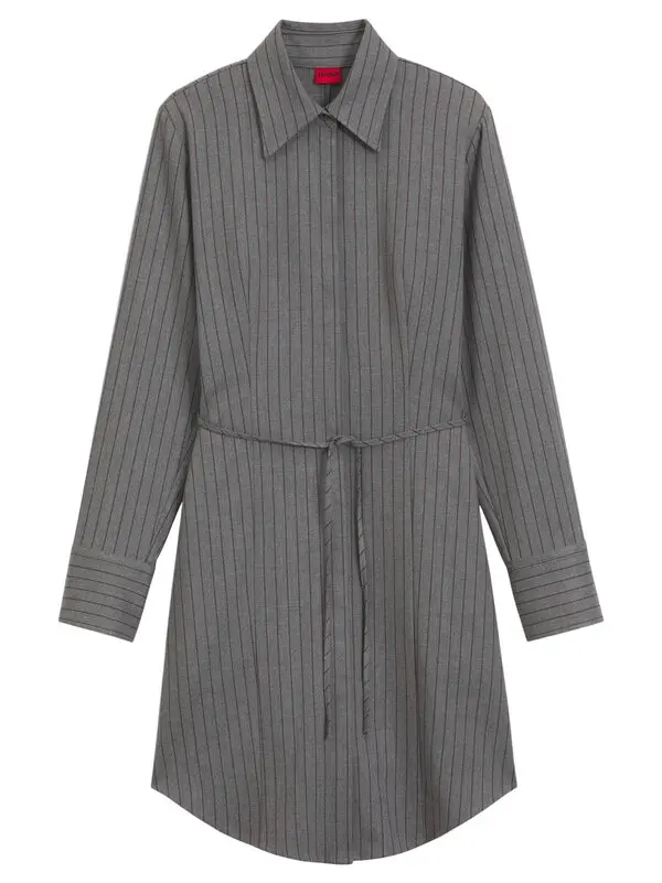 Hugo Belted Pinstripe Midi Shirtdress With Wide Cuffs - Patterned