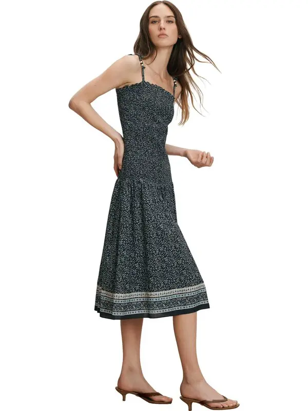 Veronica Beard Marietta Smocked Midi Dress - Navy Multi