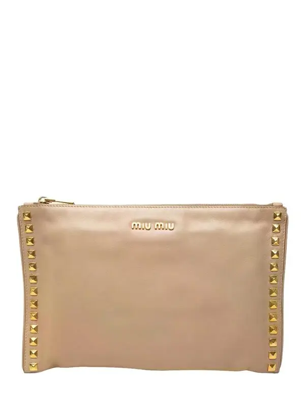 Miu Miu 2010-2026 Studded Leather Zip Clutch Bag - Neutrals
