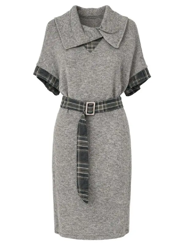 CONQUISTA Belted Knit Dress With Plaid Accents & Soft Collar - Grey