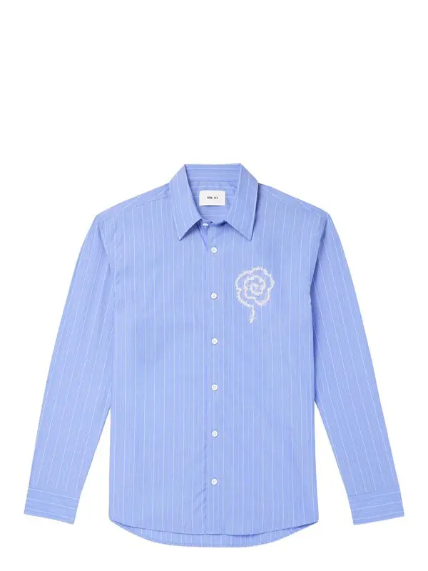Nn07 Quinsy App 5322 Embroidered Striped Supima Cotton-poplin Shirt - Blue
