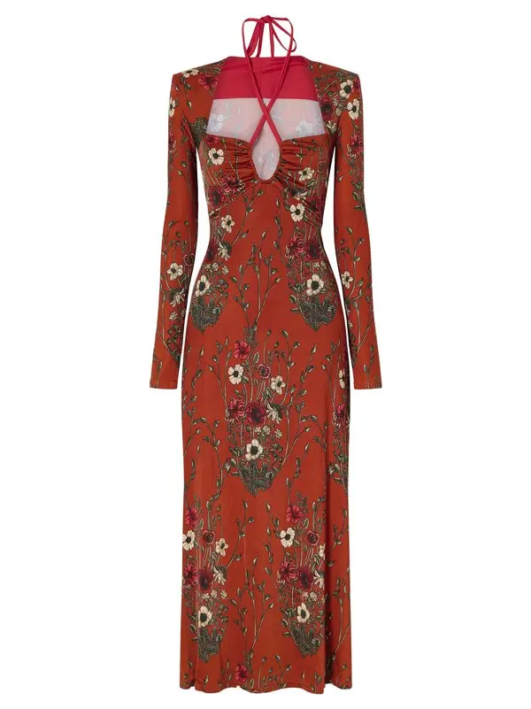 Johanna Ortiz Festive Performance Gathered Floral-print Stretch-jersey Midi Dress - Brick