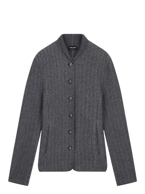 Giorgio Armani Herringbone Cashmere Knit Jacket With Stand Collar - Grey