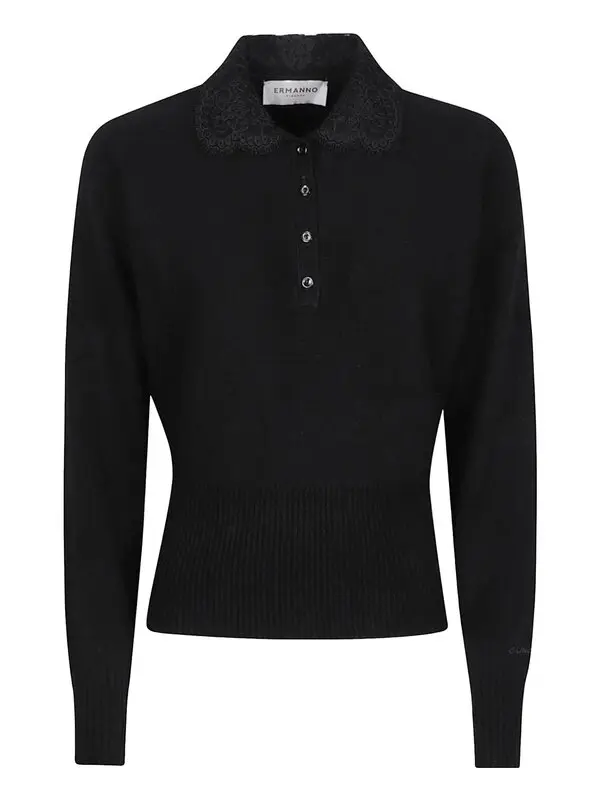 ERMANNO FIRENZE Lace-collar Polo Top - Black