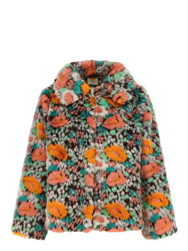 Farm Rio Floral Patterned Faux Fur Coat - Colorful