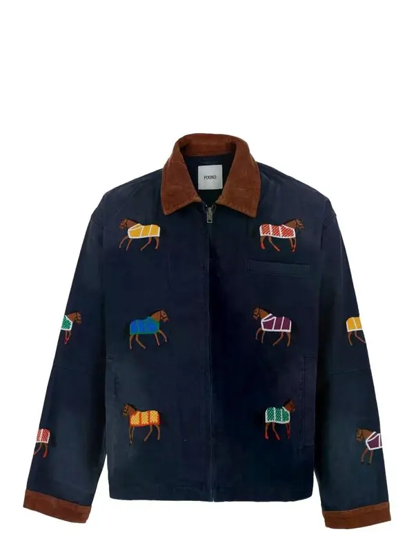 FOUND Lariat Horse-embroidered Corduroy-collar Jacket - Blue