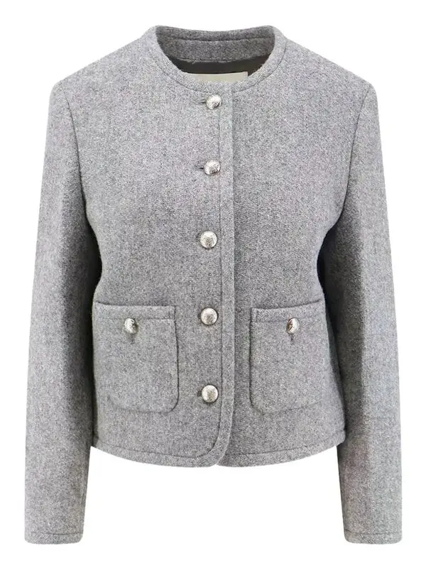 DUNST Button-up Collarless Tweed Jacket - Grey