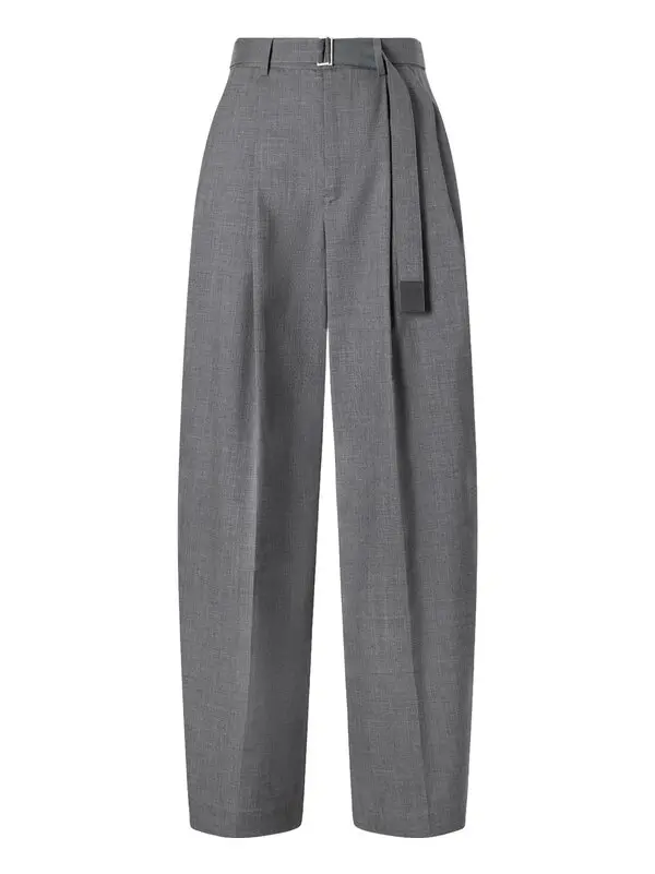 Sacai Belted Pleated Twill Wide-leg Pants - Gray