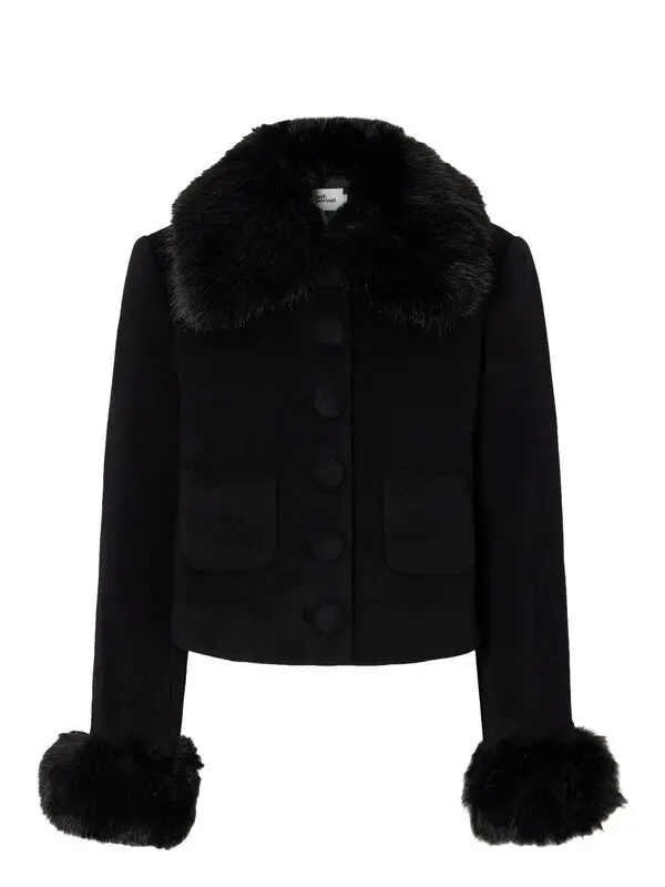 SELF-PORTRAIT Cropped Plush-trimmed Wool-blend Jacket - Black