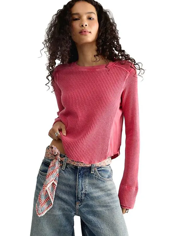 Free People Fp One Blake Shrunken Crew Neck Thermal - Cherry Rose