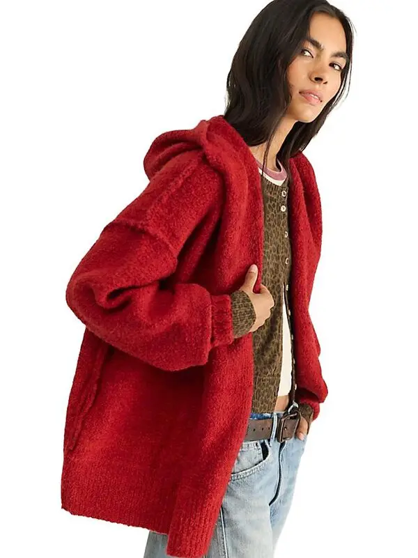 Free People Thistle Hooded Oversized Cardigen - Deep Cherry Combo