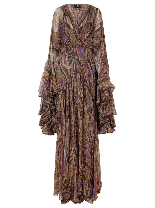 Etro Draped Ruffled Printed Metallic Silk-blend Crepon Maxi Dress - Multi