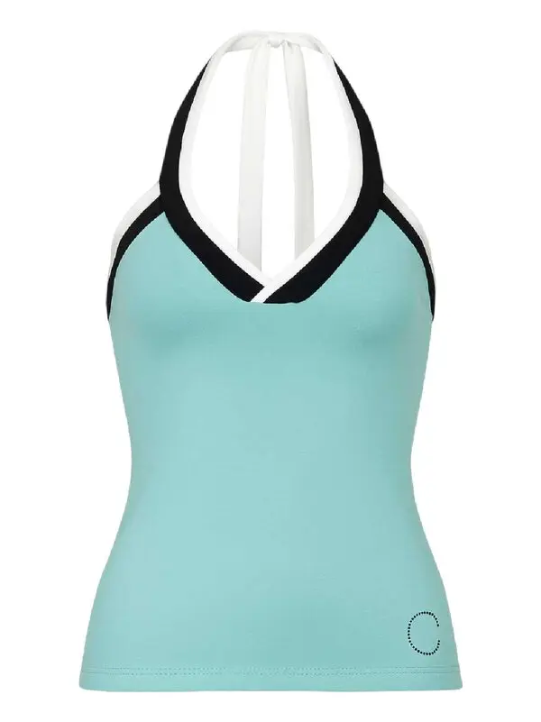 CONQUISTA Colorblock Halter Neck Top In Micromodal Jersey With Rhinestone Detail - Blue
