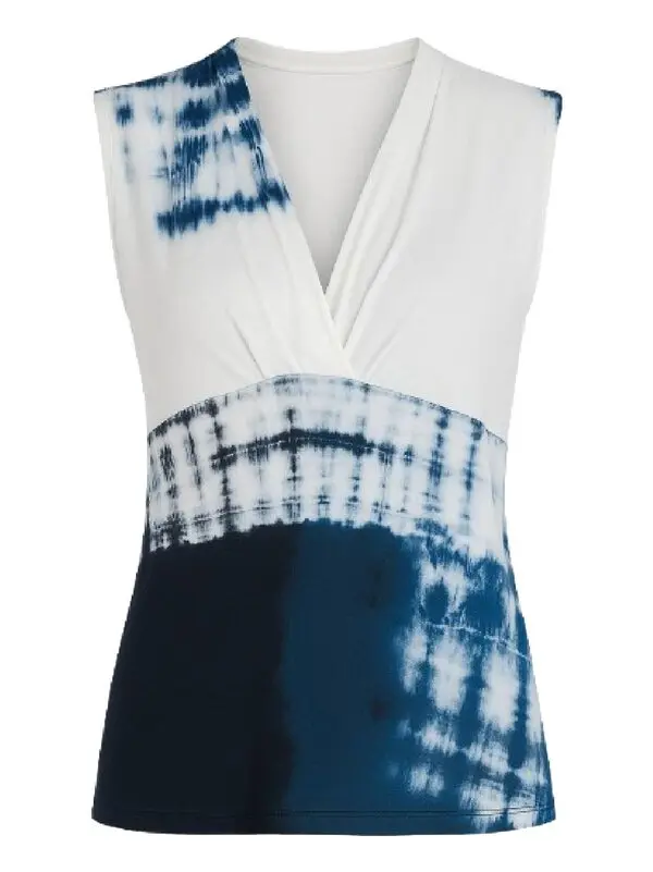 CONQUISTA Contemporary Tie-dye Sleeveless Wrap Top - Blue/white