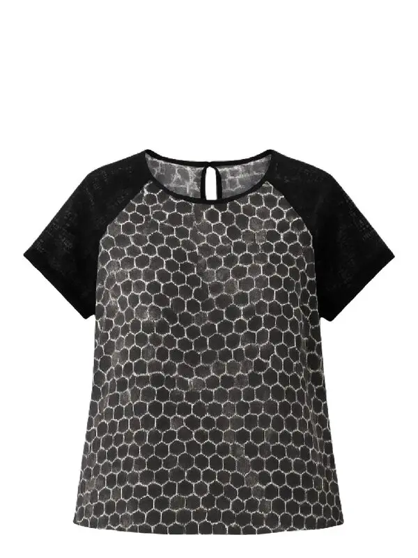 CONQUISTA Grey Geometric Print Top With Contrast Sleeves - Black
