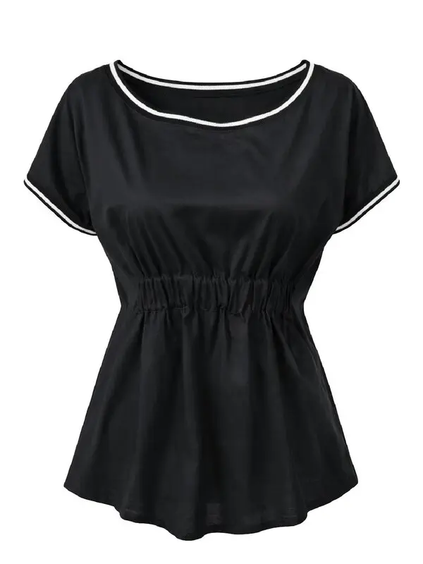 CONQUISTA Cinched-waist Short Sleeve Top With Contrast Trim - Black