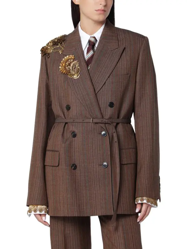 Dries Van Noten Pinstripe Jacket With Sequin Embroidery - Brown