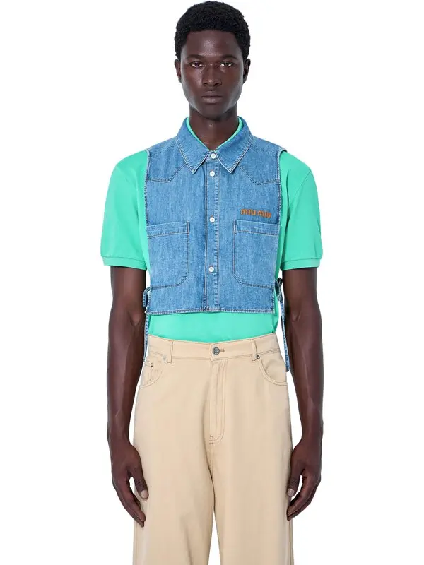 Miu Miu Cropped Chambray Tie Shirt - Blue