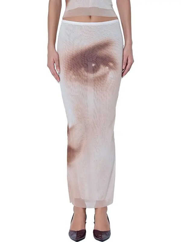 JEAN PAUL GAULTIER Mesh Printed Face Long Skirt - Cream