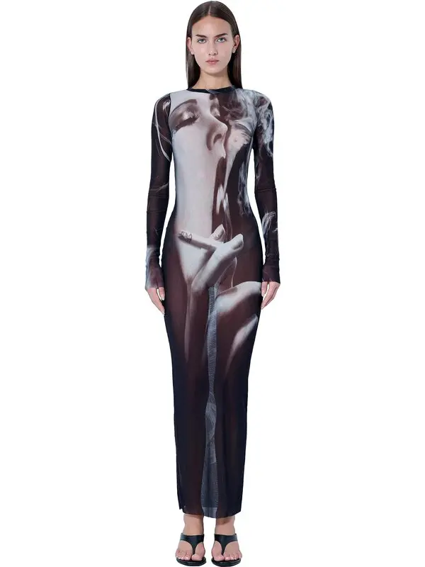 JEAN PAUL GAULTIER Mesh Printed Smoking Long Dress - Black