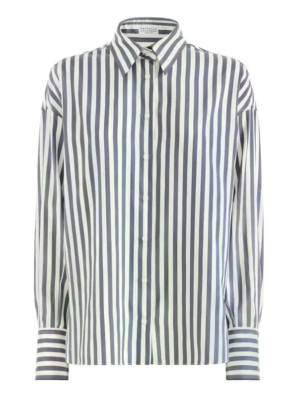 Brunello Cucinelli Wide Stripe Silk Poplin Shirt - Blue