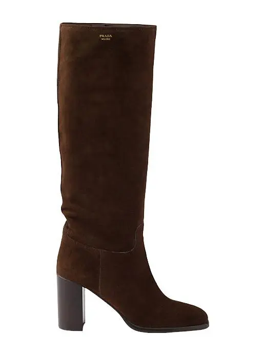 Prada Branded Suede Knee-high Boots - Brown