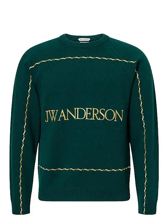 JW Anderson Embroidered-logo Crewneck Wool Jumper - Pine