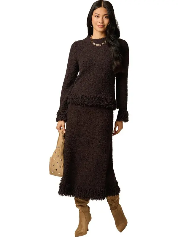 Adrianna Papell Long Sleeve Fuzzy Fringe Trim Sweater - Dark Roast