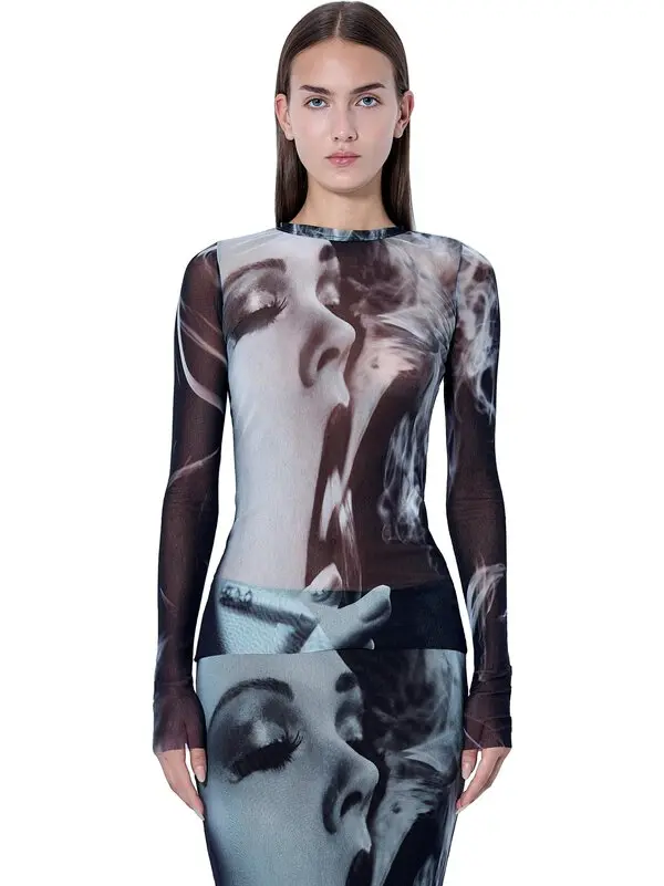 JEAN PAUL GAULTIER Mesh Printed Smoking Long Sleeves Top - Black