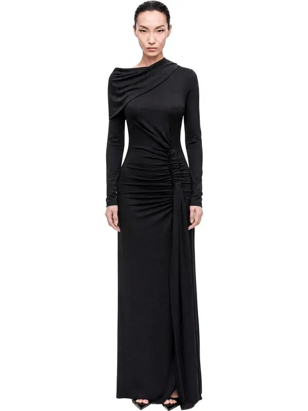 NOCTURNE Asymmetric Neck Draped Maxi Dress - Black
