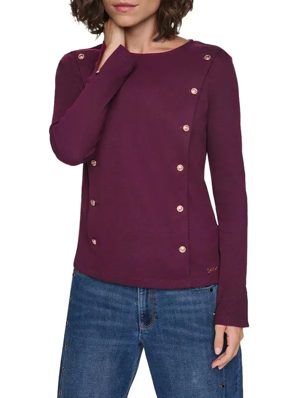 Karl Lagerfeld Paris Button Embellished Long Sleeve Knit Top - Cherry Lacquer