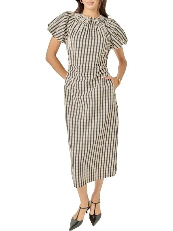 English Factory Smocked Neck Gingham Midi Dress - Black Multi