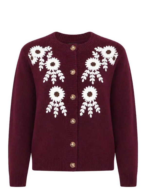 YUMI Burgundy Floral Embroidered Cardigan - Red