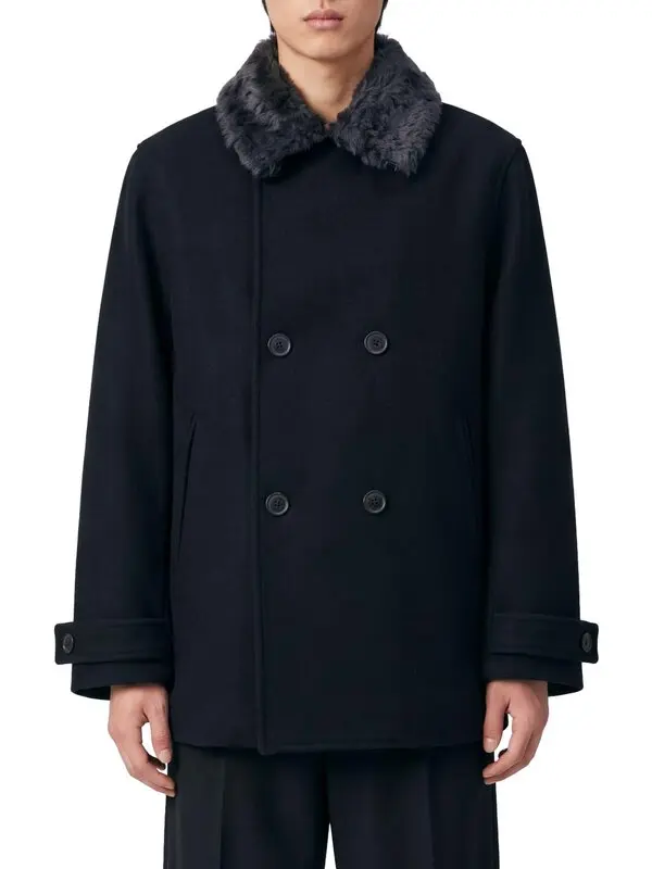 Our Legacy Double-breasted Short Coat In Wool With Fur Collar - Black