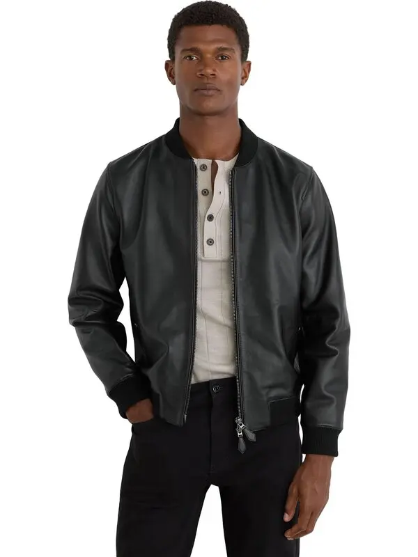 REISS Strain Leather Bomber Jacket - Black
