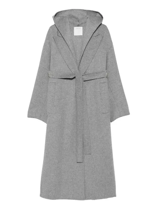 Sportmax Removable Inner Bib And Hood Wool Coat With Horn-effect Button Closure, Loose Fit & Matching Belt, Side Flap Pockets - Grigio