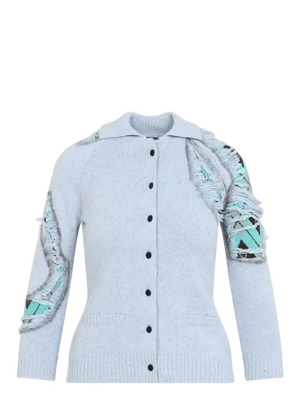 Moschino Distressed Patchwork Knit Cardigan - Blue