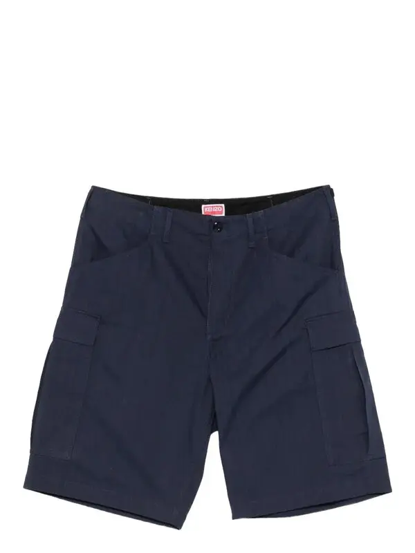Kenzo Cotton Cargo Shorts With Embroidered Side, Adjustable Belt Tabs And Back Pockets - Blu