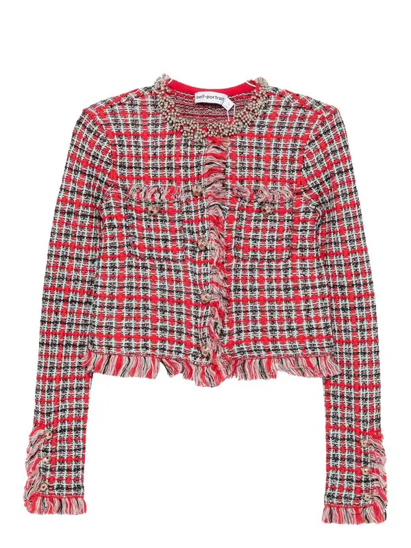 SELF-PORTRAIT Fringed Tweed Cropped Jacket With Jewel Trim - Red
