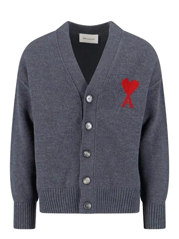 AMI Paris 100% Wool Sweater With Horn Button - Grey