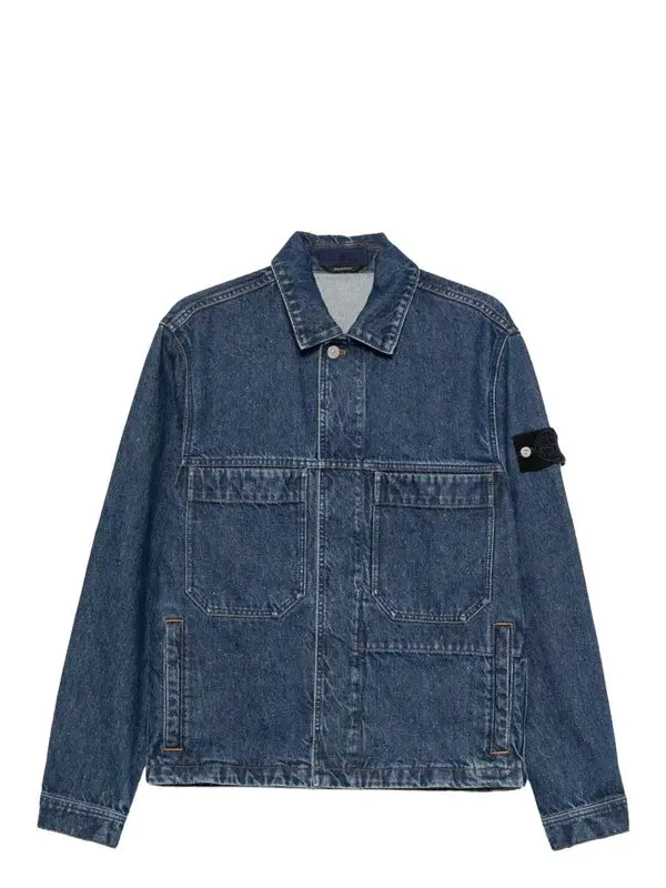 Stone Island Patch Chest Pockets Denim Jacket With Concealed Snap, Vertical Welt Hand Pockets & Cuff Buttons - Blu