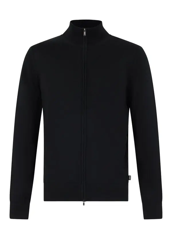 BOSS Wool Cardigan With Zipper, High Collar - Black