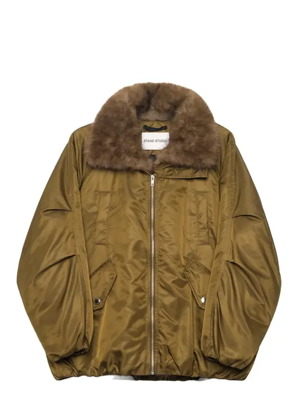 STAND STUDIO Standout Oversized Puffer Jacket With Detachable Faux Fur Collar, High Neck & Front Zip - Verde