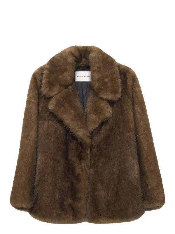 STAND STUDIO Relaxed Faux Fur Jacket With Wide Lapel Collar - Marrone